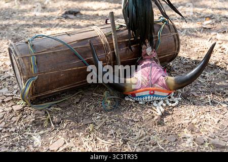 Spectacular bison horn traditional hat and a drum, traditional costumes ...