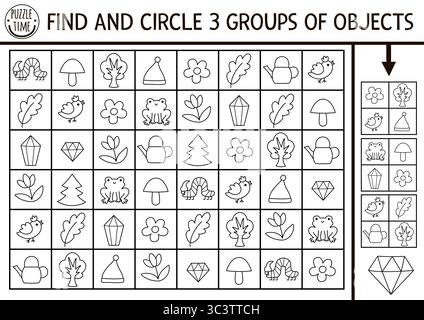 Dwarf seek and find game with gnome or woodland symbols. Attention ...