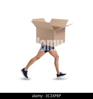 Open cardboard box with man's legs running on white background. Fast ...