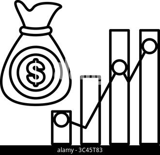 A bag of money is shown next to a graph with red and yellow lines. The ...