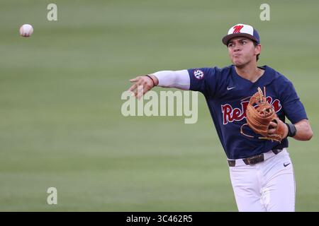 June 04, 2021: Ole Miss infielder Jacob Gonzalez (7) fields a ground ...
