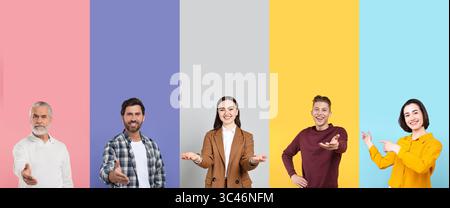Friendly people welcoming, collection of portraits on different colors ...