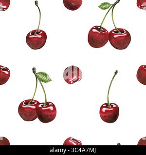 Simple seamless cherry pattern. Watercolor illustration. Isolated on a ...