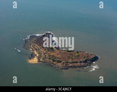 Aerial view of Suvarnadurg Fort surrounded by the deep blue sea, Dapoli ...