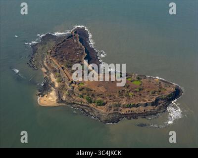 Aerial view of Suvarnadurg Fort surrounded by the deep blue sea, Dapoli ...