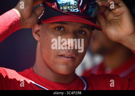Washington Nationals outfielder Juan Soto catches a ball during spring ...