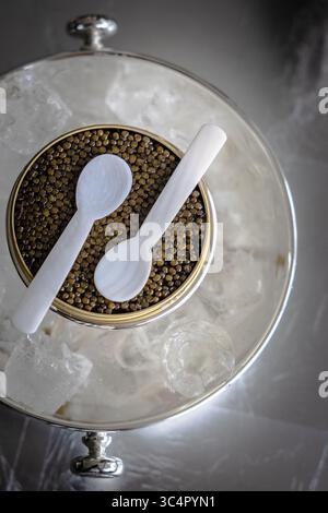 Black caviar in a mother-of-pearl spoon and glass of champagne with ...