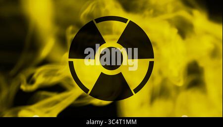 Radioactive sign and yellow toxic smoke against black background ...
