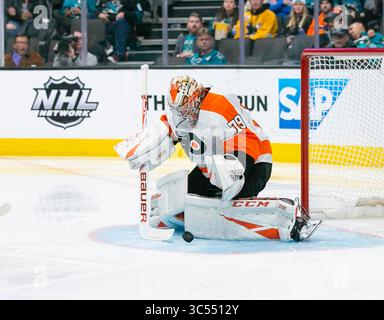 Philadelphia Flyers goaltender Carter Hart in action during an NHL ...