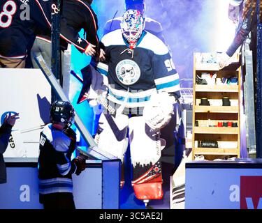 Columbus Blue Jackets' Elvis Merzlikins plays against the Dallas Stars ...