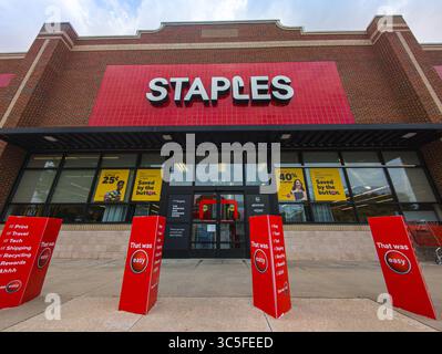 Staples Logo Illuminated On Modern Storefront Of Bustling Office Supply ...