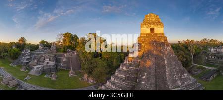 Panoramic aerial view of the Great Jaguar pyramid, Tikal, Guatemala ...