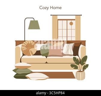 Couch with decorative cushions. Relaxation home space icon Stock Vector ...
