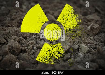 Yellow radioactive sign on soil, top view. Radiological pollution Stock ...