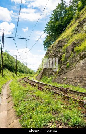 Old railroad track through countryside in autumn, aerial view from ...
