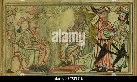 Miniature depicting Seljuk Sultan Tugrul Bey sitting on his throne ...
