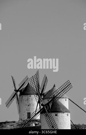 Traditional white windmills on countryside in Castilla la Mancha, Spain ...