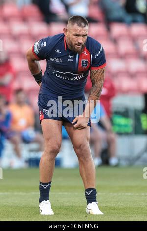 Jared Waerea-Hargreaves of Hull KR is tackled by Jack Ashworth of Hull ...