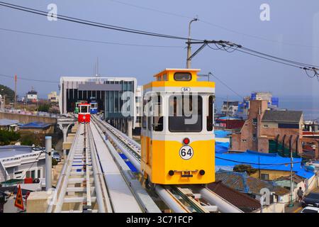 Colorful capsule train in Busan. Tourist attraction in South Korea ...