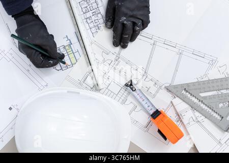 Measure, blueprint and architecture hands drawing lines for project ...
