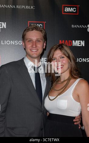 Aaron Staton and wife Connie Fletcher pictured at AMC's ''Mad Men'' Season 4 Premiere at the ...