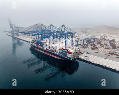 Lima, Chancay Port in Chancay. 3rd Aug, 2025. A drone photo taken on ...
