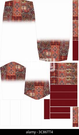 A complex carpet pattern with repeating motifs and rich colors creates ...