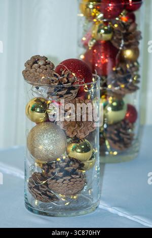 Christmas party aesthetics. Table with red tablecloths served with ...