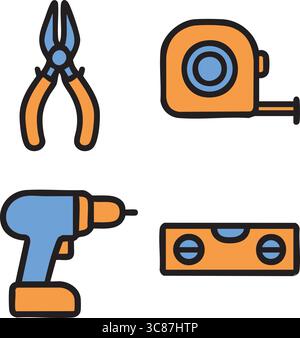 A flat cartoon tool collection featuring a paint brush, a putty knife ...