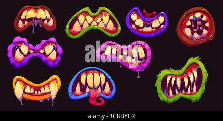 Scary and creepy drool monster grin jaws and mouths. Vector smiles ...