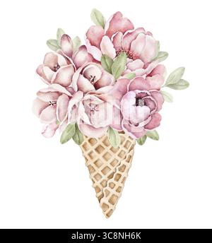 Flower watercolor illustration of peonies isolated, bouquet of flowers ...