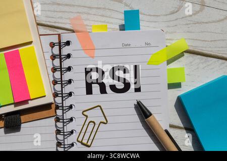 RSI - Relative Strength index acronym on notepad, Business concept ...