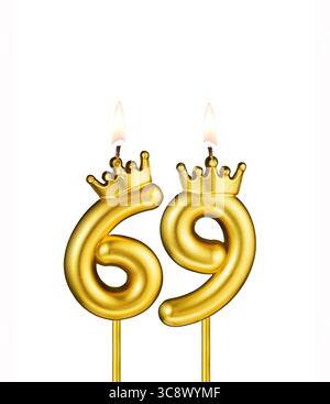 Golden candle 69 with flame - Birthday card on dark luxury background ...