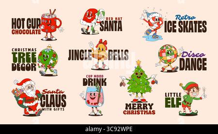 Groovy Christmas stickers. Santa Claus, Christmas tree, gifts ...