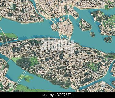 3D render map of Stockholm cityscape. 3D illustration of an aerial view ...