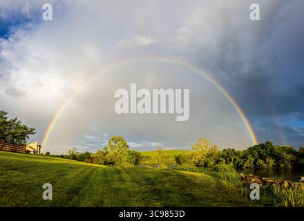 Panoramic view of Central Kentucky countryside with double rainbow ...