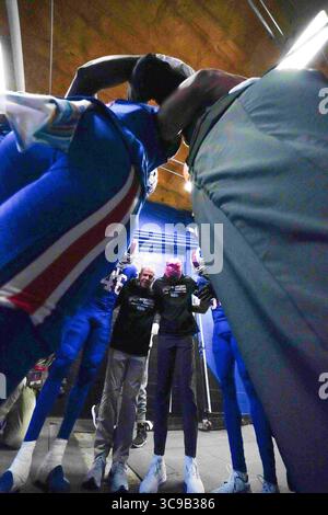 The Buffalo Bills huddle during an NFL football game,Thursday, Sept. 18 ...