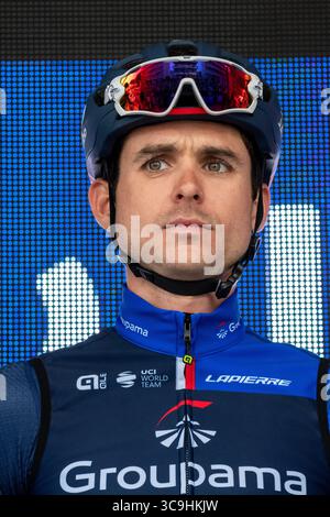 French Rudy Molard of Groupama-FDJ celebrates on the podium in the red ...