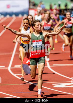 Nikki Hiltz reacts after winning the women's 1500 meter final during ...