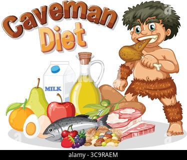 Colorful vector illustration of a caveman with various paleo diet foods ...
