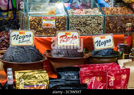 Various varieties of moles for sale in the Mercado Benito Juarez in ...