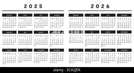 2025 and 2026 Calendars with Boxes in Black and White Colors 4 Columns ...