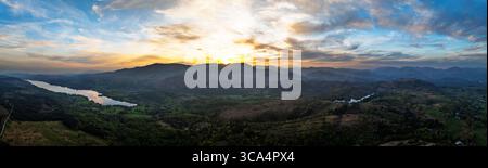 Panorama of Sunset over Mountains and Coniston Water from drone, Lake ...