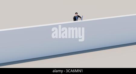 A businessman on a ladder peering over a wall. Gaining insights, new ...