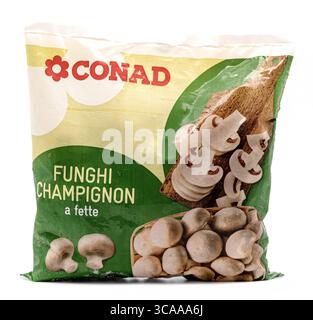 Frozen food sliced mushrooms champignon with blackboard wooden label ...