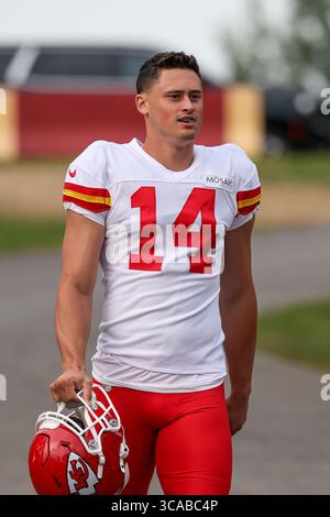 Kansas City Chiefs punter Matt Araiza (14) arrives at the stadium an ...
