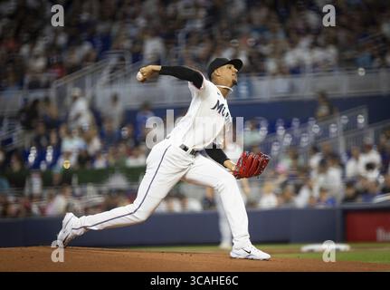 Miami Marlins starting pitcher Eury Pérez stands on the pitching mound ...