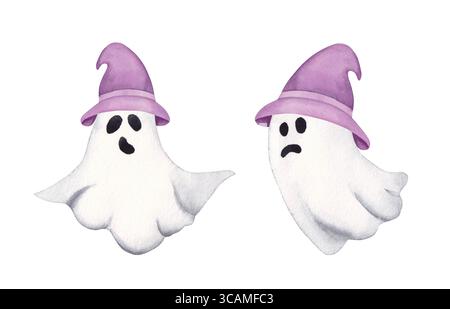 Cute cartoon little ghosts. Watercolor hand drawn illustration Stock ...