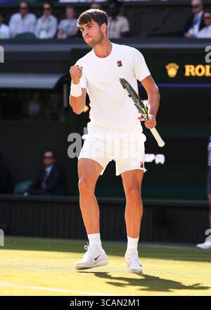 British tennis player Oliver Tarvet celebrating at the 2025 Wimbledon ...