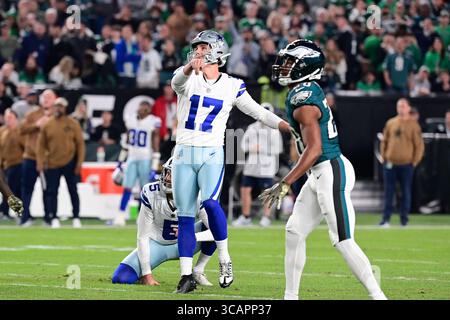 Dallas Cowboys place kicker Brandon Aubrey (17) kicks an extra point ...